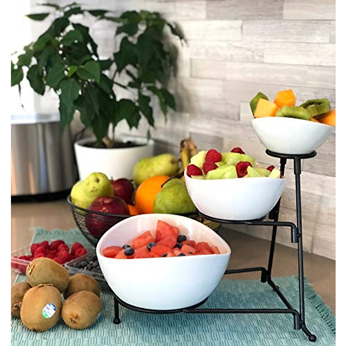 Partito Bella 3 Tier White Oval Bowl Set with Collapsible Thicker Metal Rack - Perfect Display for Chips, Dips, Candy, Fruit and More Collapsible Stand with Nesting Bowls for Easy Storage