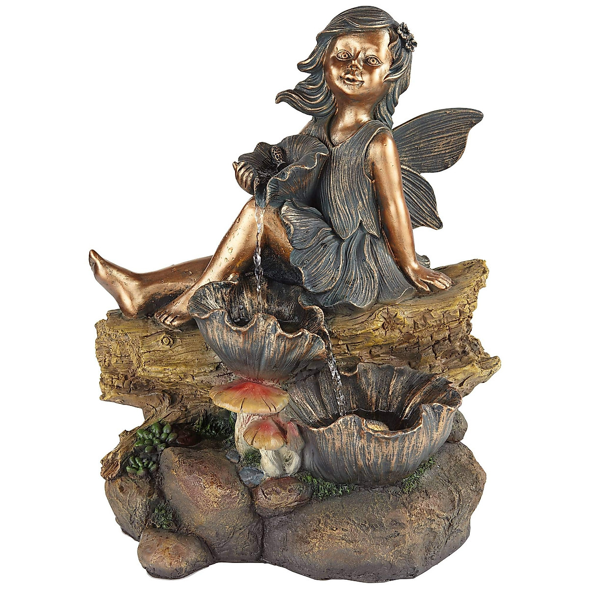 Bronze Garden Fairy Fountain with Light LED Indoor Outdoor Water Feature 24" High Cascading Resin Sculpture for Garden Patio Yard Deck Home Lawn Porch House Relaxation Exterior - John Timberland
