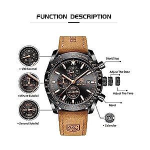BY BENYAR Mens Watches Analog Quartz Chronograph Waterproof Luminous Watch for Men Business Work Sport Casual Fashion Brown Leather Band Dress Men's Wrist Watches Elegant Gifts for Men Father's Day