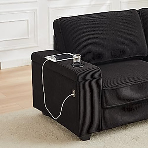 ERYE Modern Living Room Upholstered 3 Seater Sofa Couch Deep Seat Soft Corduroy Sofa&Couch with Storage Armrests, 2 Cupholders, Type-C and USB Charging Ports for Home, Apartment, Office