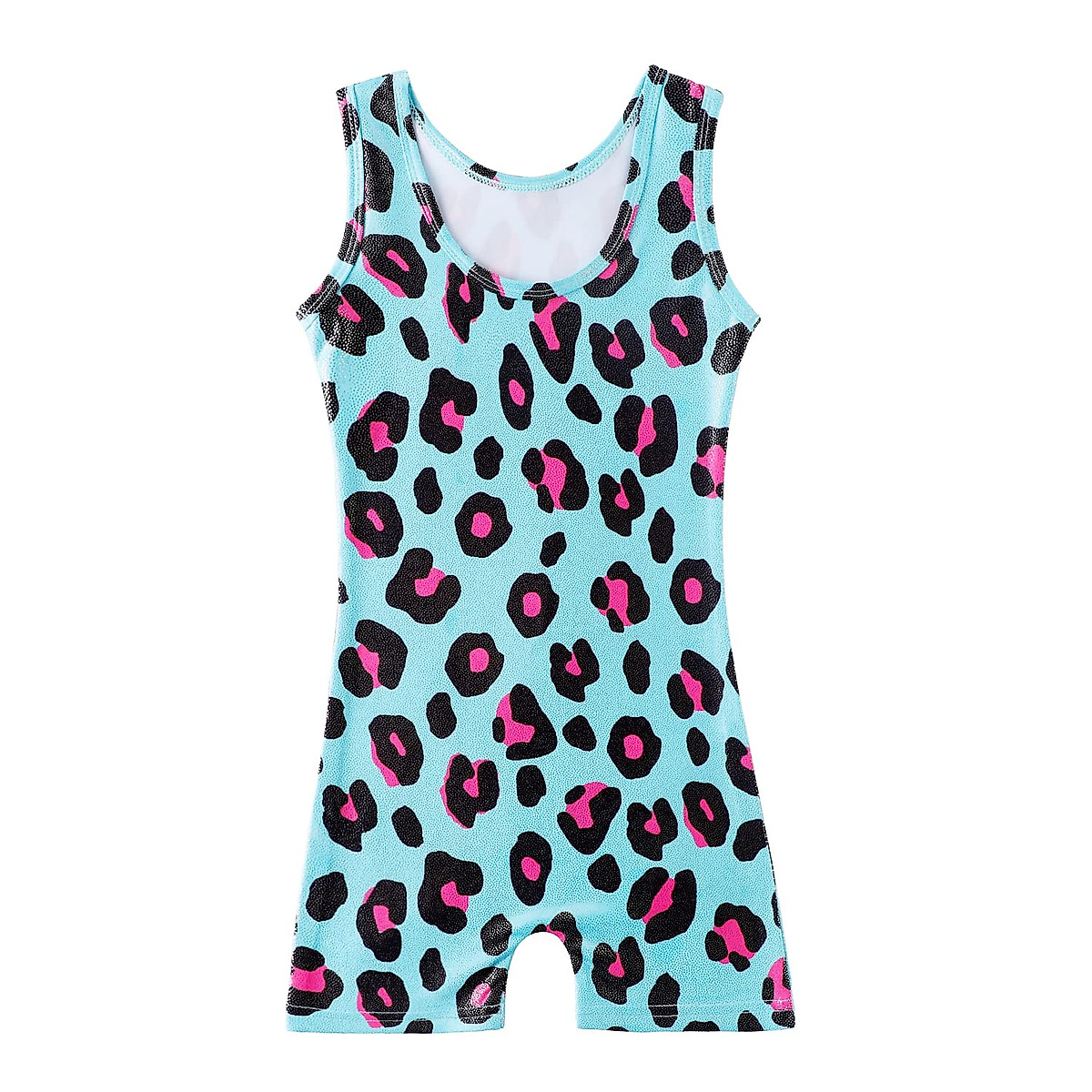 HOZIY Gymnastics Biketards for Girls 5t Size 5-6x Kids Dance Tumbling Attire Apparel Clothing Clothes Aqua Blue Pink Leopard Print Pattern Outfits Sparkly Leotard With Shorts
