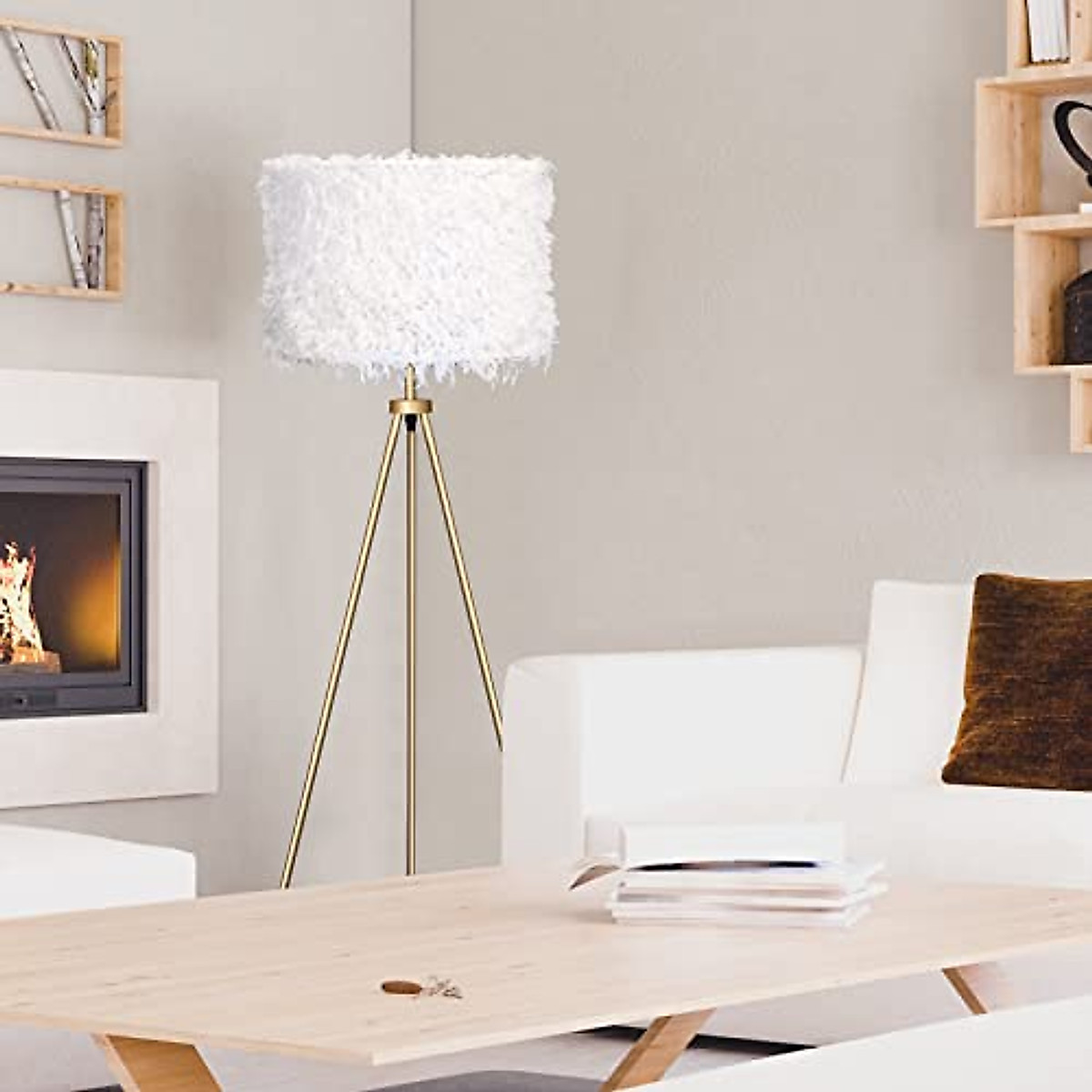 Modern Tripod Floor Lamp for Bedroom, Living Room, Gold Floor Lamps with White Cloth Fabric Shade, Faux Feather Tassels Finish