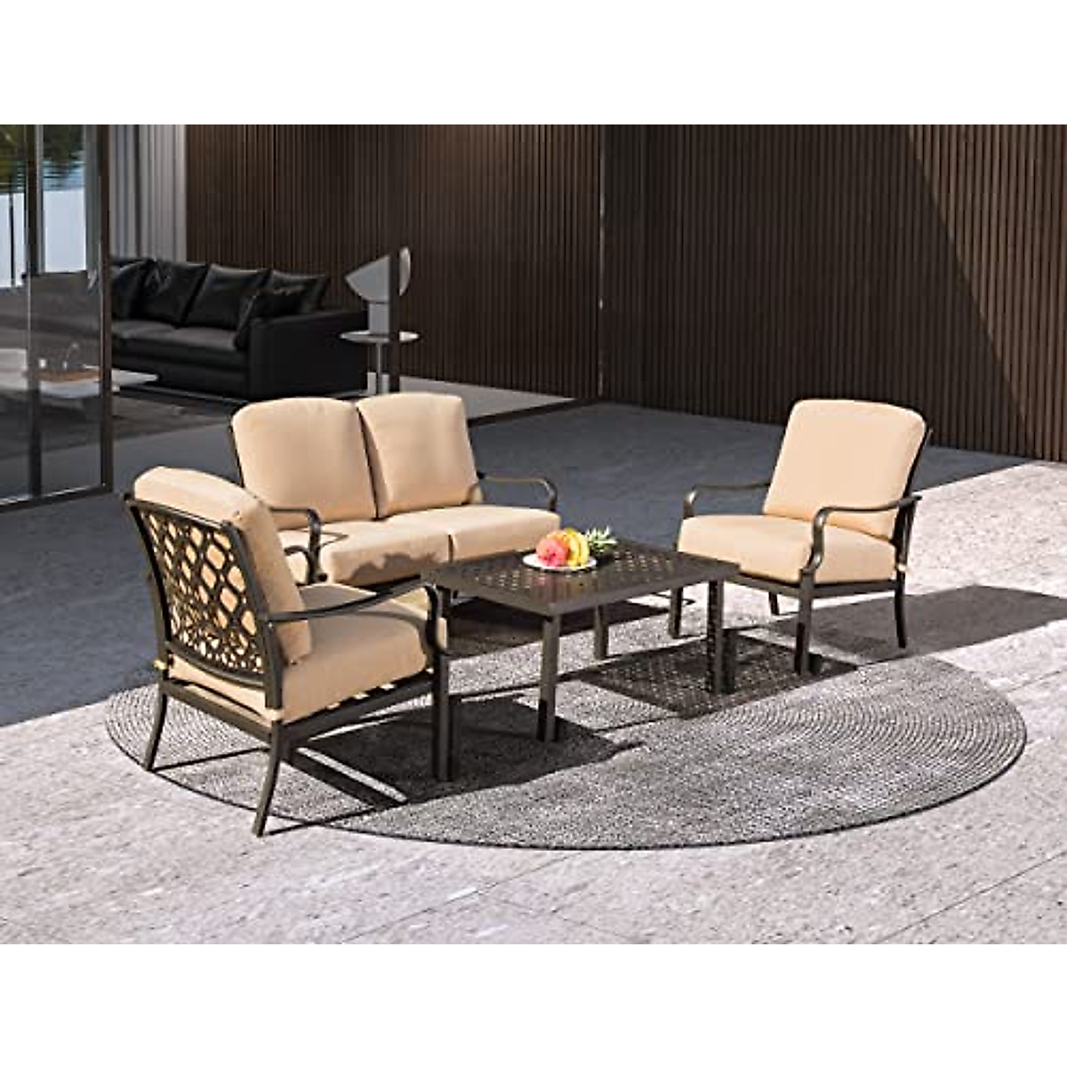 Domi Outdoor 4 pcs Patio Conversation Set, Metal Dining Table and Chairs Dining Set with Removable Beige Cushions for Garden Lawn Yard