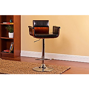 AC Pacific Adjustable Height Swivel Bar Stool - Modern Kitchen Counter Pub Chair with Cushioned Seat, Armrests and Back, 24"-33", Black/Wood