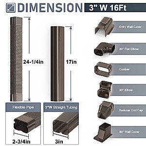 Flamorrow 3" 16Ft Brown AC Line Set Cover Kit, Decorative PVC Tubing Cover Kit for Ductless Mini Split Air Conditioner, Central AC and Heat Pump System