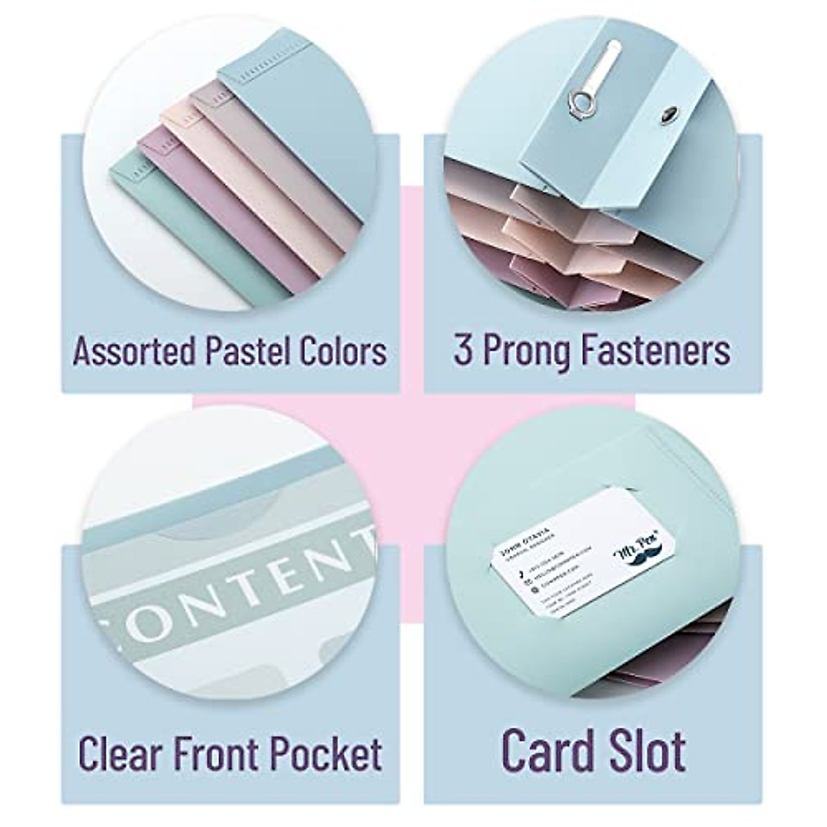 Mr. Pen- Plastic Folders with Clear Front Pocket, 5 pcs, Pastel Colors, Pocket Folders, Plastic Folders for Documents, Plastic Folders with Pockets, File Folders with Fasteners, Folder with Pockets