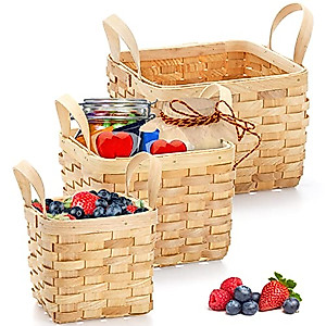Okllen Set of 3 Small Woodchip Basket with Handles, Wooden Woven Baskets Handmade Wicker Baskets, Empty Storage Basket Container for Organizing Pantry, Closet, Toy, Wedding Stuff, Square, 3 Sizes