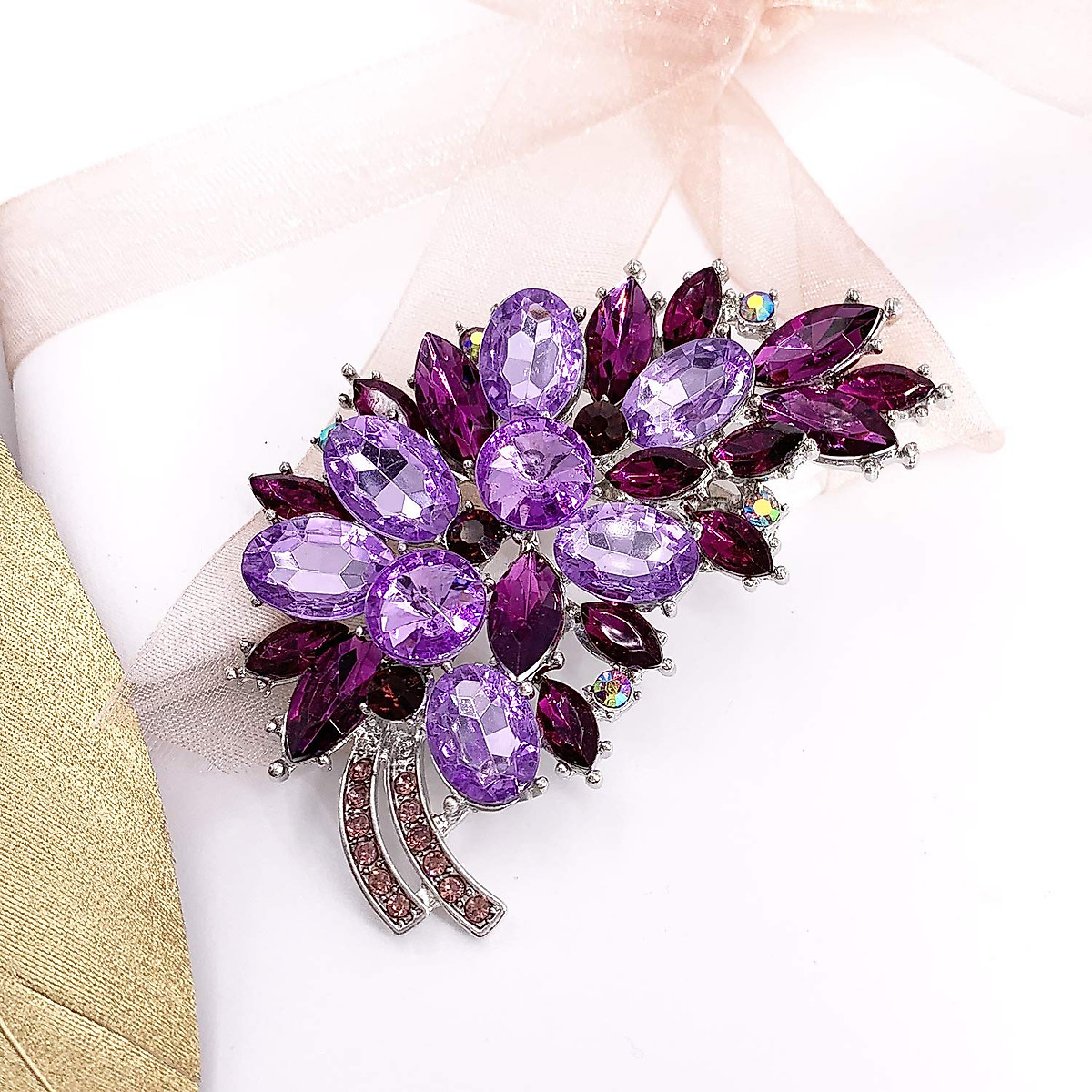 LAXPICOL Vintage Purple Austrian Crystal Flower Leaf Bouquet Clusters Large Big Brooch Pin for Women Jewelry