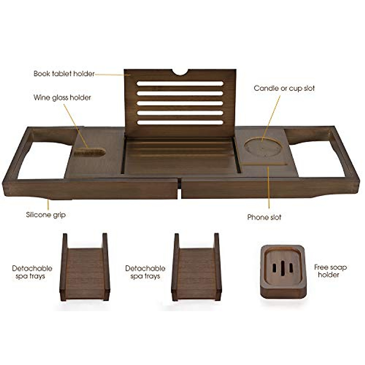 HBlife Bamboo Bathtub Caddy Tray Durable, Non-Slip, One or Two Person Bath and Bed Tray, Extending Sides Fits Any Tub, Cellphone iPad and Wineglass Holder, Free Soap Holder - Coffee