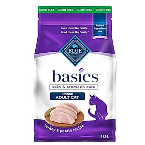 Blue Buffalo Basics Grain-Free Dry Cat Food, Skin & Stomach Care, Limited Ingredient Diet for Indoor Cats, Turkey & Potato Recipe, 5-lb. Bag