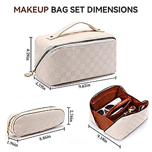 BAGCRAZY 2 Pcs Waterproof PU Leather Checkered Makeup Bag, Large Capacity Travel Cosmetic Bag - Portable Makeup Bags for Women, Lightweight Design and Waterproof Toiletries Bag for Cosmetic, White