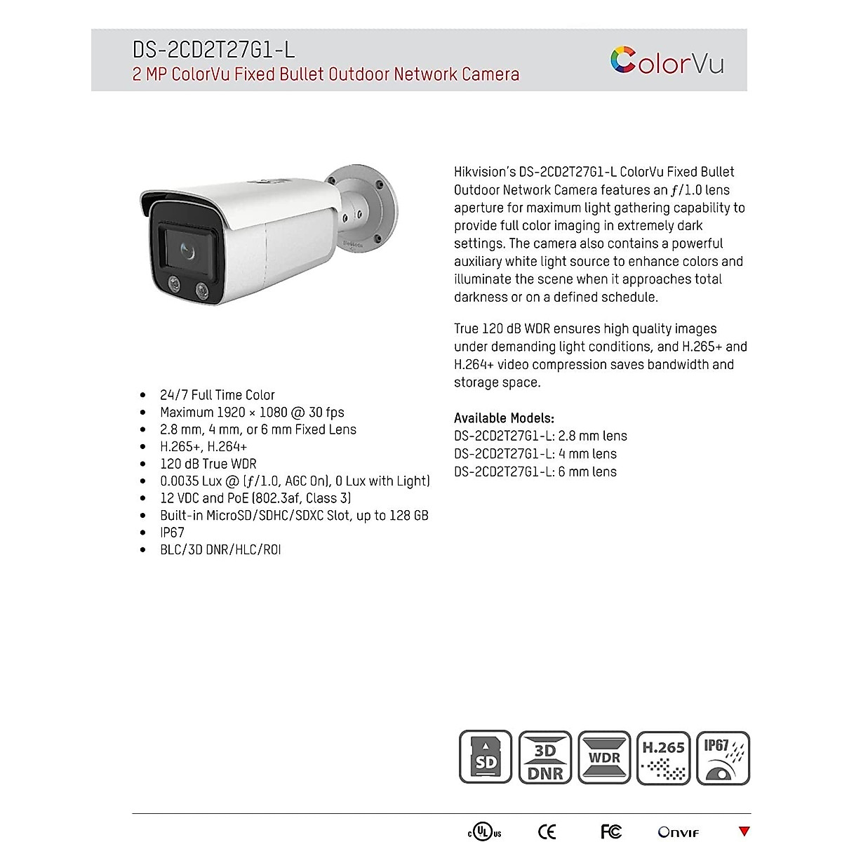 DS-2CD2T27G1-L 2MP Full Color IP 247 Color Night Vision 4mm PoE Large Bullet H.265 IP67 Outdoor English Version Compatible with Hikvision NVR DS-7608NI-Q2/8P DS-7616NI-Q2/16P