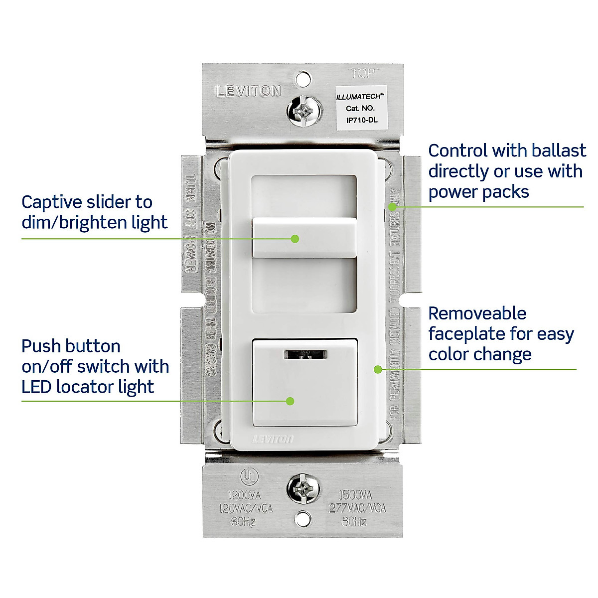 Leviton IllumaTech Dimmer Switch for 0-10V LED, Mark 7 Florescent Ballasts, IP710-DLZ, White, Image