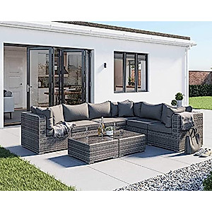 SUSIE'S GARDEN Outdoor Patio Sectionals Set No Assembly Aluminum Patio Furniture 8 Piece Outdoor Sofa Wicker Ottoman Chair Table w/Free Raincovers and Toss Pillows