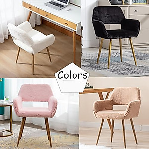 White Faux Fur Desk Chair with Wood-Like Metal Legs,Furry Makeup Vanity Chair for Girls Women,Cute Kids Chair,Fluffy Home Office Chair Without Wheels for Living Room,Bedroom