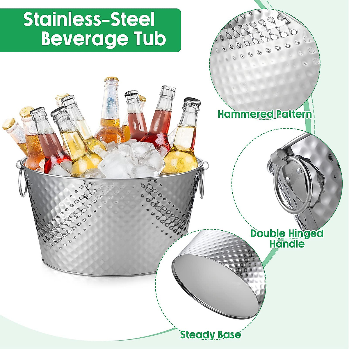 4 Pack Beverage Tub for Parties Drink Ice Bucket Stainless Steel Insulated Beverage Tub Extra Large Metal Silver Buckets Heavy Duty Hammered Drink Bucket with Double Hinged Handle for Parties