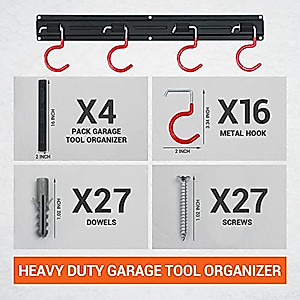 QualStorage 64" All Metal Garden Tool Organizer Wall Mount Mop Broom Holder Heavy Duty Garage Storage Organization for Shovel,Mop,Broom,Rake and Yard Tool(4 Rails, 16 Hooks)