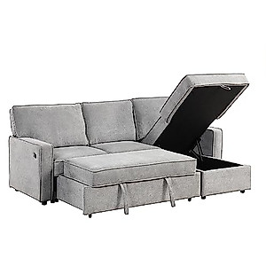 LUMISOL 89" Convertible Pull Out Sleeper Sofa Bed, L-Shaped Sectional Sofa with Reversible Storage Chaise, Reversible Sofa Couch with Cup Holders and USB Ports for Living Room, Small Apartment