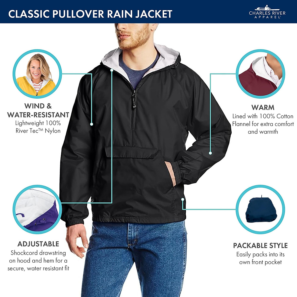 Charles River Apparel Wind & Water-Resistant Pullover Rain Jacket (Reg/Ext Sizes), Black, XL