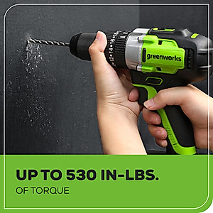 Greenworks 24V Brushless 1/2" Hammer Drill (530 in-lbs.) 2.0Ah Battery and Charger Included, DDG402