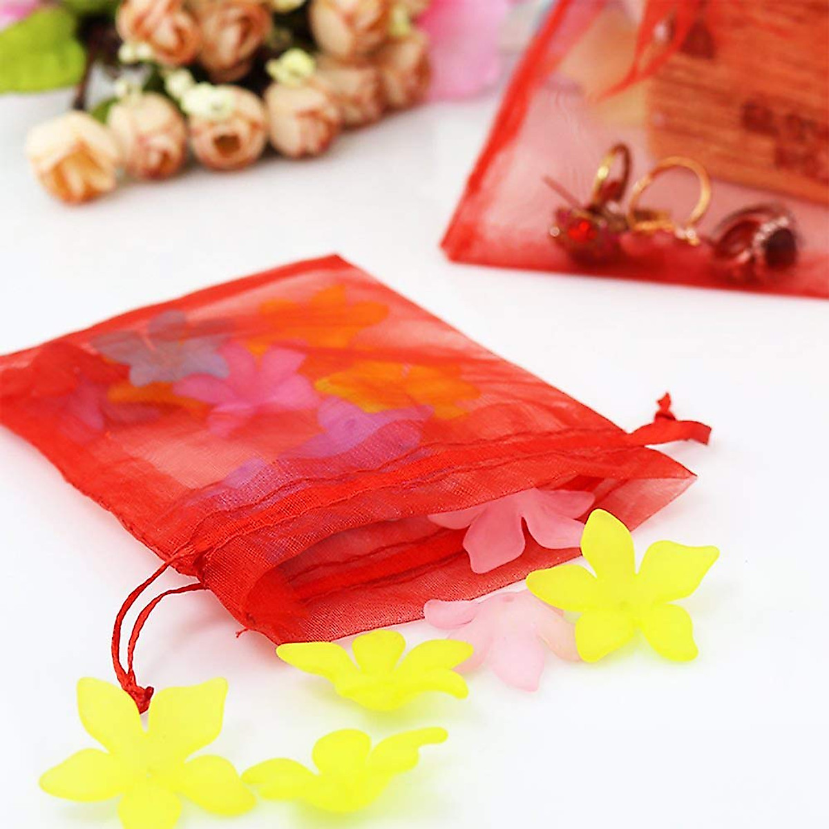 Stratalife 50PCS Drawstring Organza Bags 5x7 Inches Red Transparent Jewelry Favor Pouches Baby Shower Party Wedding Gift Bags Chocolate Candy Bags(50PCS Red)