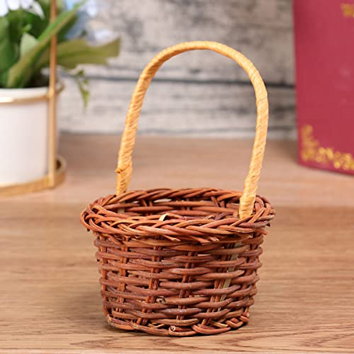 VANZACK Rattan Mini Baskets with Handle Small Round Natural Decorative Knitting Basket Storage Basket