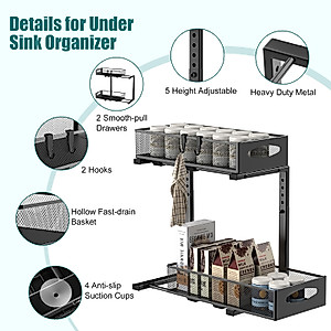 Housolution 2 Pack Under Sink Organizer, 2 Tier Metal Pull Out Under Sink Storage with Sliding Mesh Drawers, Height Adjustable Slide Out Under Sink Organizer for Kitchen Bathroom Cabinet, Black
