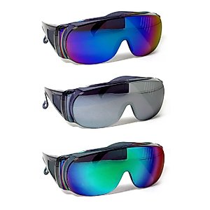 Calabria 1003 Fit Over Safety Glasses Fitover Eyewear Blue/Green/Silver Mirror 3 Pack Bulk Men Women Tinted Anti-Fog Scratch