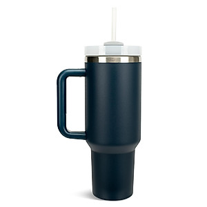 Elanze Designs 40 oz Stainless Steel, Large Water Bottle, Coffee Mug, Spill & Leak Resistant, Thermal Travel Tumbler With Handle, Lid & Straw, Navy Blue