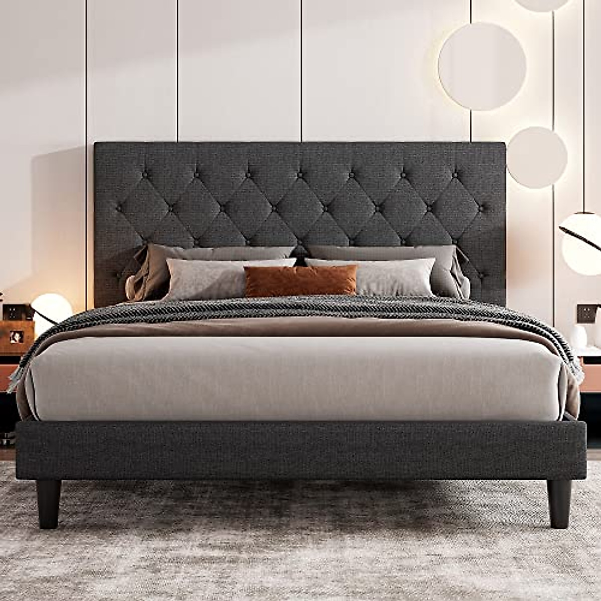Allewie Queen Bed Frame with Adjustable Headboard/Diamond Stitched Button Tufted/Fabric Upholstered Platform Bed Frame/Wood Slat Support/No Box Spring Needed/Easy Assembly, Dark Grey