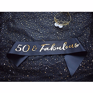 Dgasin 50th Birthday Tiara and Sash Happy 50th Birthday Party Supplies 50 Fabulous Black Glitter Satin Sash and Crystal Tiara Princess Birthday Crown for Women 50th Birthday Party Decorations