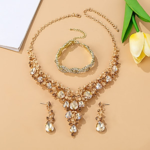Paxuan Wedding Bridal Bridesmaid Austrian Crystal Rhinestone Jewelry Sets Statement Choker Necklace Earrings Bracelets Sets for Wedding Party Prom (Necklace + Earring + Bracelet (Champagne))