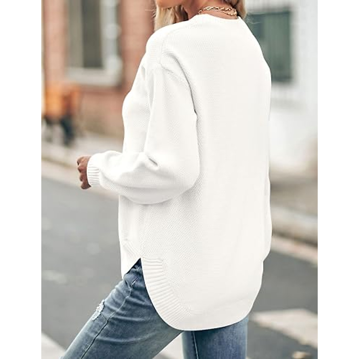 MEROKEETY Women's 2025 Fall Long Balloon Sleeve Crew Neck Sweater Tops Waffle Knit Soft Pullover Jumper, White, M