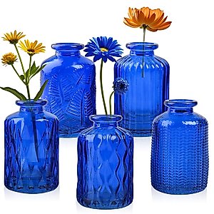 ELEGANTTIME Set of 5 Brown Amber Glass Bud Vase Set Multi Colour Glass Flower Vase Bottle with Crok Wire Handle Design Perfect for Cafes, Office Table, Home and Garden