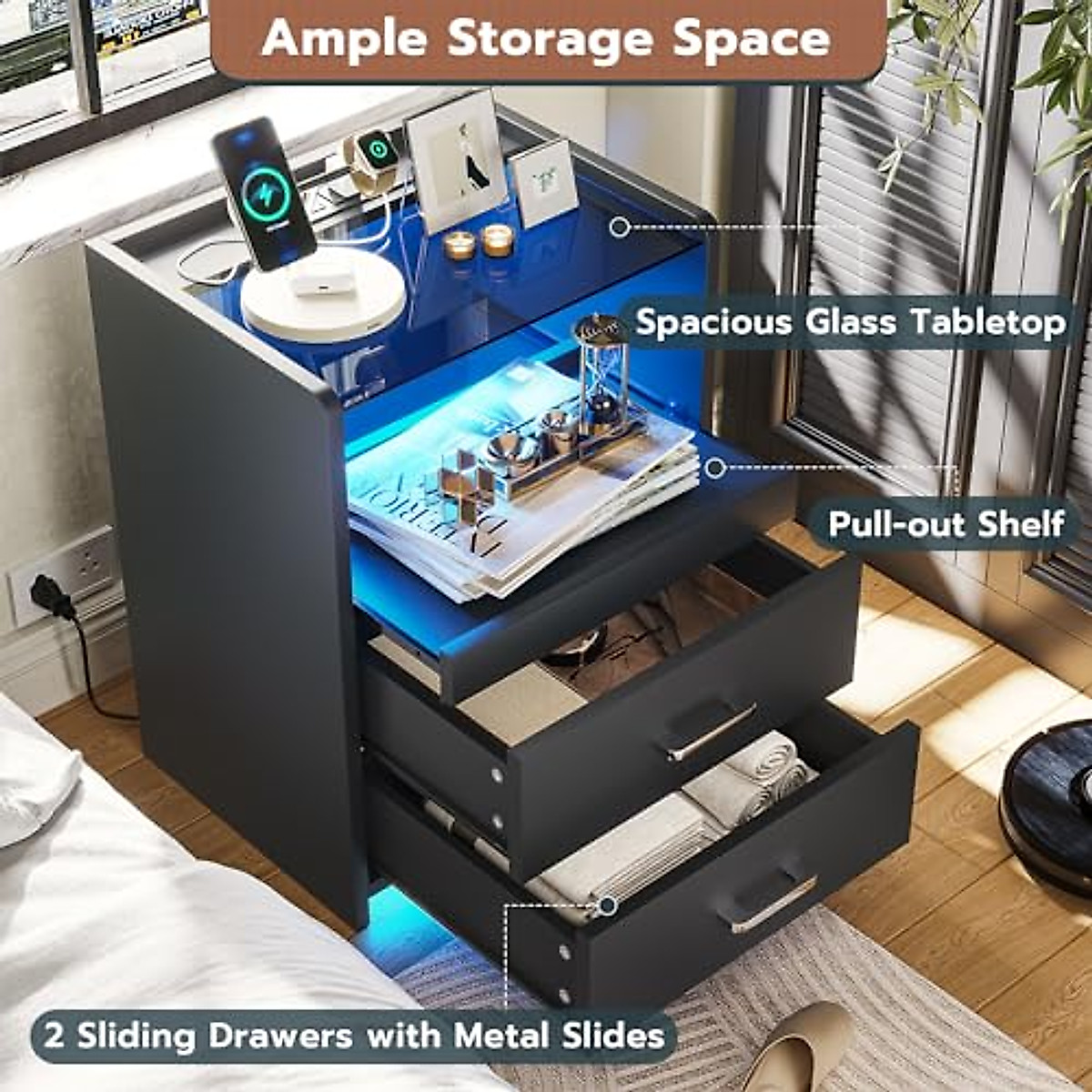 VIAGDO Nightstand with Charging Station and LED Lights, Black Night Stand with Glass Top and Storage Drawers, End Side Tables with Pull-Out Tray and USB Ports, Modern Bedside Tables for Bedroom