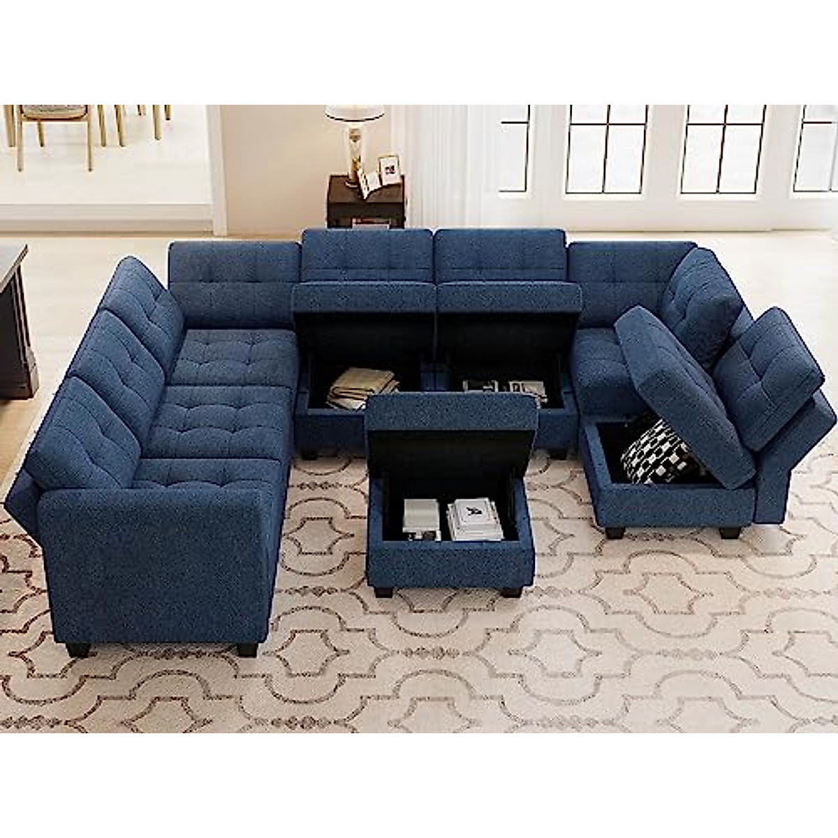 Belffin Modular Sectional Sofa Set with Ottomans Oversized U Shaped Sofa Set with Storage Seat Modular Sofa Couch with Reversible Chaises Modern Fabric Blue