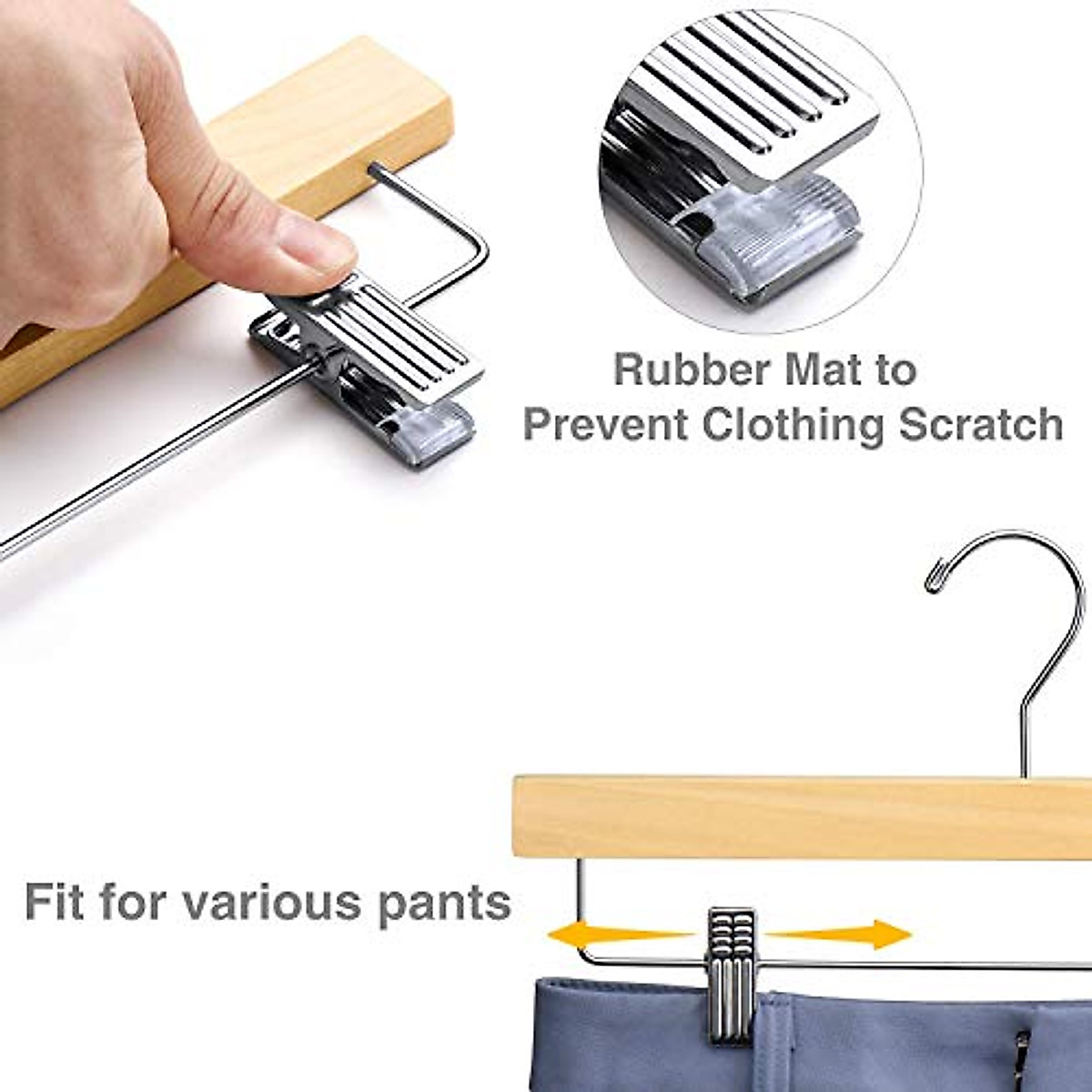 HOUSE DAY Wooden Pants Hangers with Clips 25 Pack, Wood Skirt Hangers for Women, 14 Inch Hangers for Pants with Clips, Solid Wood Pants Hangers for Men.360 Swivel Hook Bottom Hangers- Natural