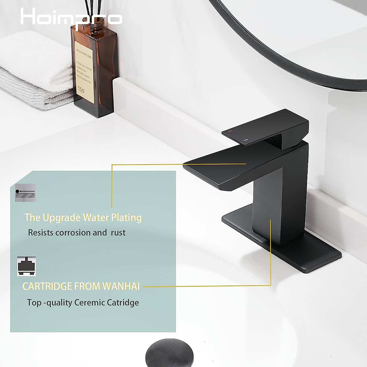 Hoimpro Matte Black Waterfall Single Hole Bathroom Faucet with 6" Deck Plate, Stainless Steel Bathroom Sink Faucet with Pop-up Drain, Rv Vanity Vessel Faucet with Supply Lines, Matte Black