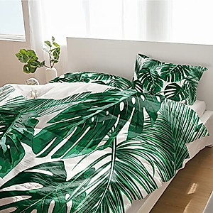 Segard Duvet Cover Set 3 Pieces Queen Bedding Sets Jungle Green Leaves White Soft Luxury Comforter Cover with Pillowcases Microfiber Bedroom Quilt Covers-Zipper Closure Watercolor Palm Tree Leaf