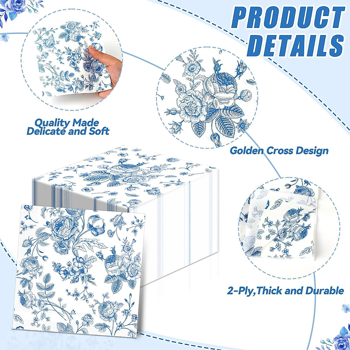 Lonfliness 120Pcs Blue Floral Napkins 2 Designs Flower Chinoiserie Paper Napkins Blue and White Disposable Decorations Dinner Dessert Supplies for Wedding Birthday Baby Bridal Shower Tea Party Decor