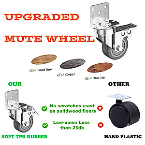 2" L-Shaped Caster Wheels Set of 4 Side Mount Casters with Brake 2 inch Dual Locking Swivel Castors and No Noise TPR Rubber Wheel No Floor Marks Silent Castor for Furniture Baby Bed Cabinet 440Lbs