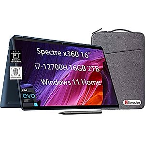 HP Spectre x360 16" 2-in-1 3K QHD+ Touchscreen (Intel 12th Gen i7-12700H, 16GB RAM, 2TB SSD, Stylus) Business Laptop, Long-Battery Life, Fingerprint, Backlit, Thunderbolt 4, IST Bag, Win 11 Home