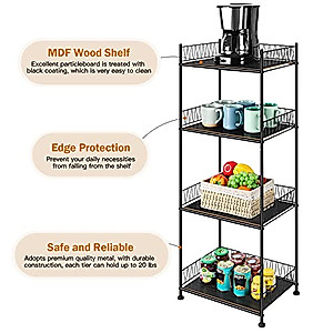 smusei 4 Tier Open Shelving Units Freestanding Kitchen Storage Rack Standing Kitchen Rack Organizer Large Capacity with Metal Wire Fence Wood Look Board for Small Spaces, Living Room, Black