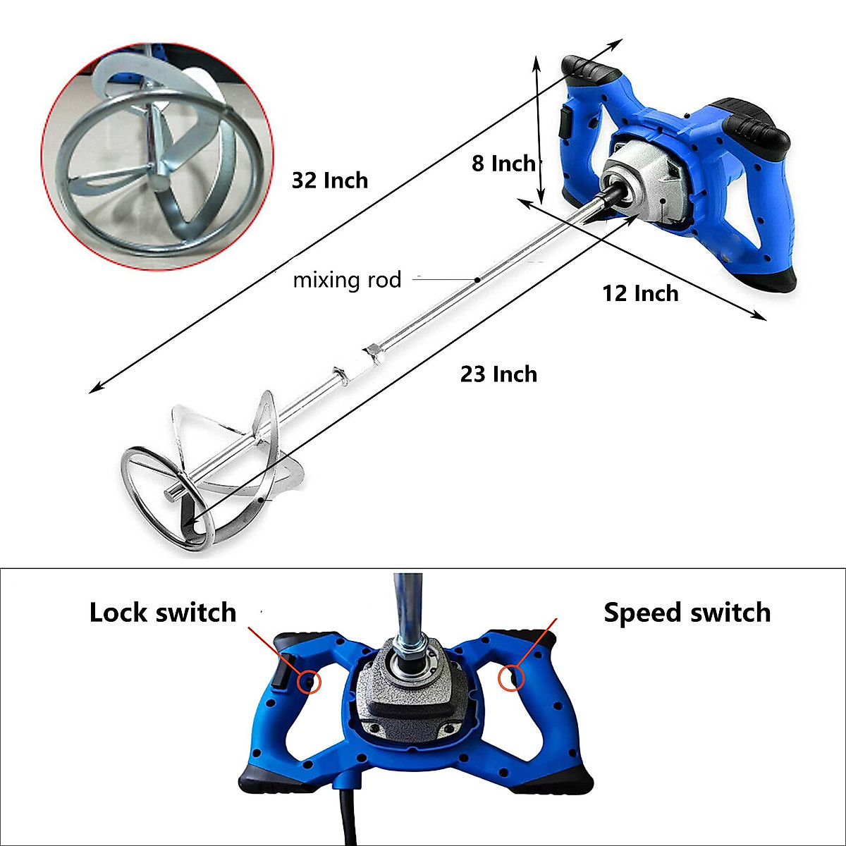 Cement Mixer, Paint Mixer, 2600W Electric Concrete Mixer, Mortar Mixer, M14 Adjustable Agitator, 6 Speed Control, Plaster Grout Drill Mixer Stirring Tool, Used for Mixing Cement Slurry, Paint Coating