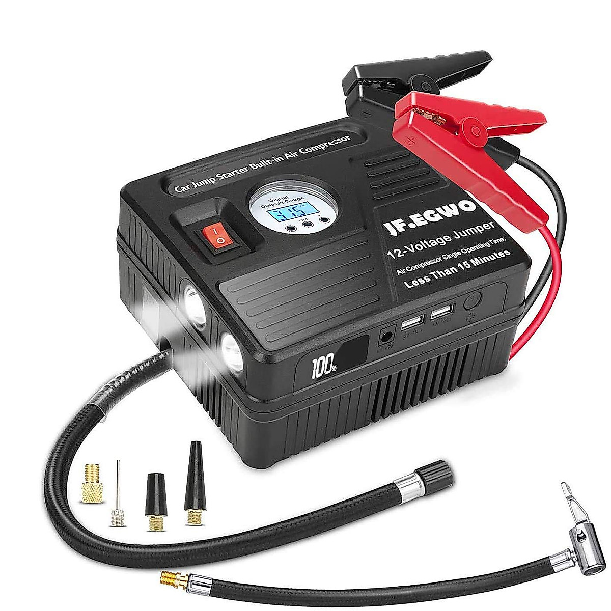 JF.EGWO 3000Amp Car Jump Starter with Air Compressor, 150PSI Tire Inflator with Digital Screen Pressure Gauge, 24000mAh 12V Auto Battery Booster (9.0L Gas/ 8.5LDiesel Engine), 2 USB Port 2 Light