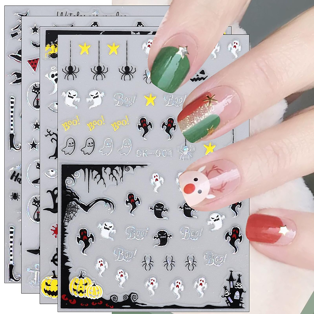 JMEOWIO 12 Sheets Halloween Nail Art Stickers Decals Self-Adhesive Pegatinas Uñas Skull Ghost Witchy Spider Web Bat Pumpkin Spook Nail Supplies Nail Art Design Decoration Accessories