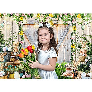 8x6ft Easter Spring Backdrop, Rustic Wooden Door Wall Bunny Rabbit Eggs Flower Greenery Photography Background Baby Shower Kids Birthday Party Decor Portrait Banner Photo Booth Studio Props