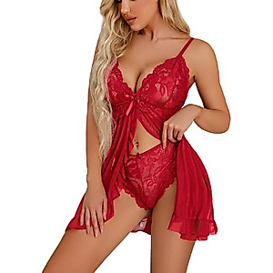 Thisrose Lingerie for Women Lace Babydoll Sleepwear Boudoir Outfits Plus Size Langeray Red