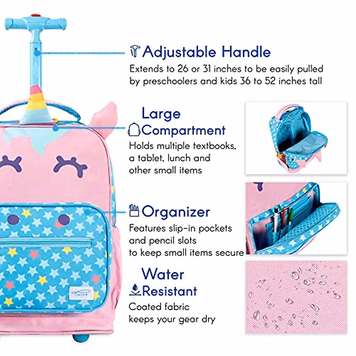 TWISE SIDE-KICK SCHOOL, TRAVEL ROLLING BACKPACK FOR KIDS AND TODDLERS (UNICORN)