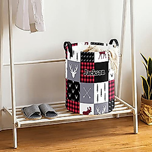Buffalo Plaid Deer Woodland Personalized Waterproof Foldable Laundry Basket Bag with Handle, Custom Collapsible Clothes Hamper Storage Bin for Toys Laundry Dorm Travel Bathroom